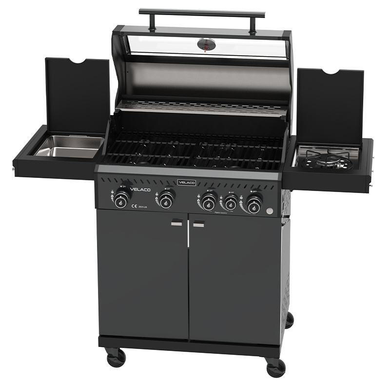 GRILL OGRODOWY GAZOWY Z POKRYWĄ I PÓŁKAMI ZEUS-C CZARNY RUSZT ŻELIWNY ...